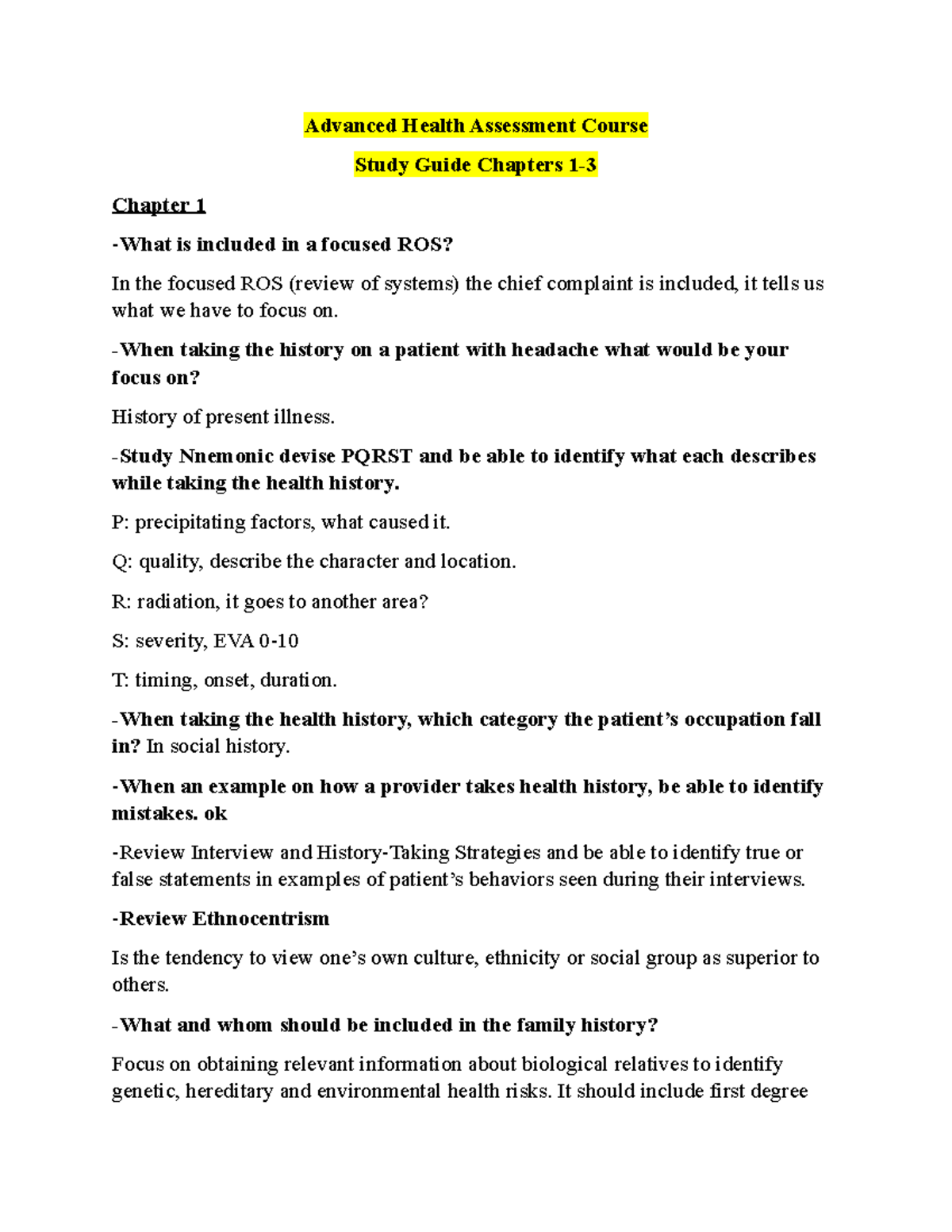 Advanced Health Assessment Study Guide: Chapters 1-3 - Studocu