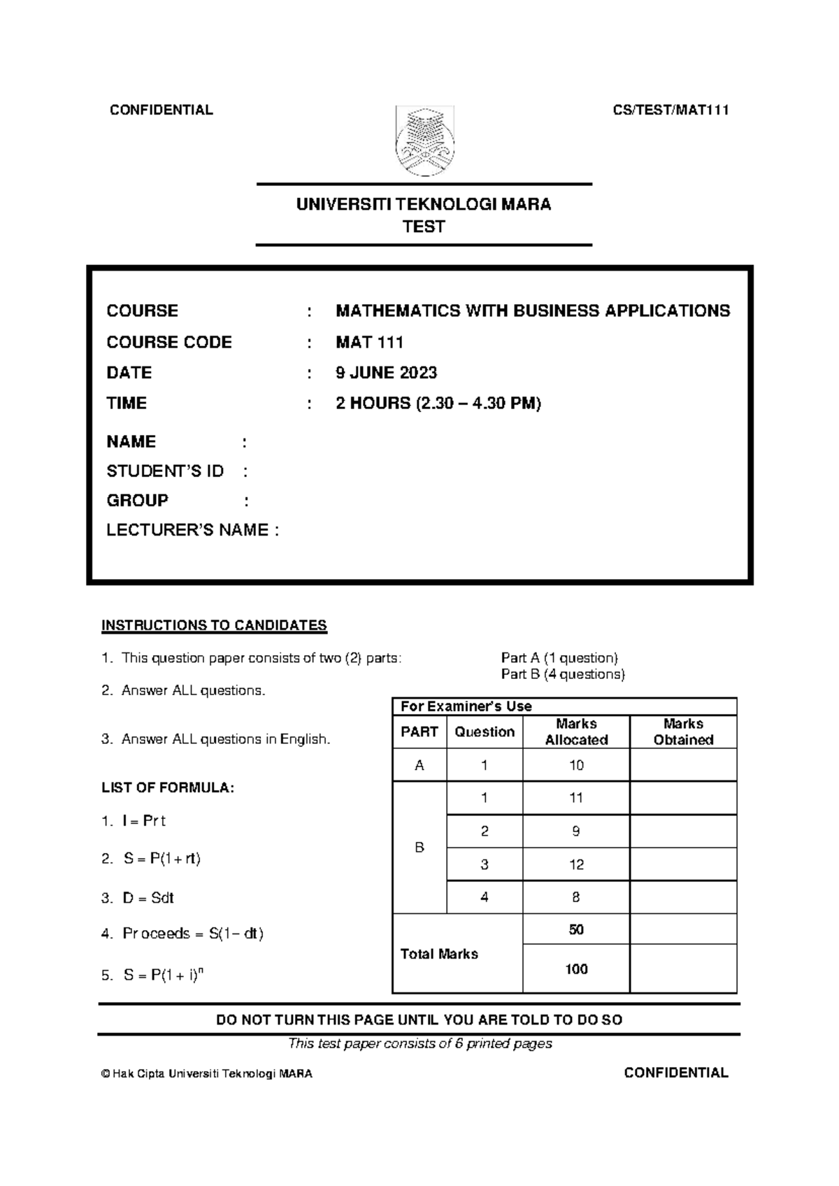 Test MAT111: Mathematics with Business Applications - 9 June 2023 - Studocu