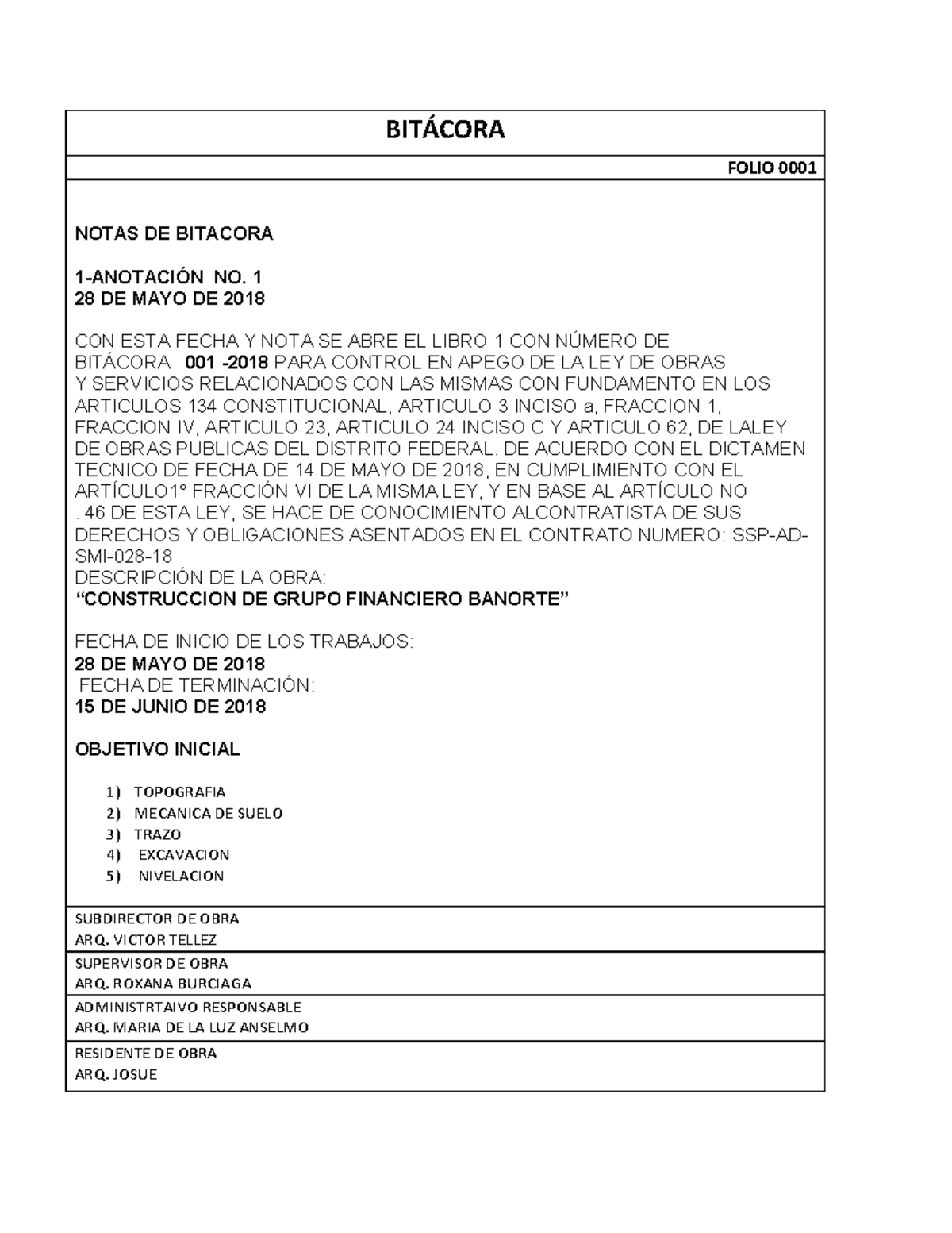Bitácora de Obra 001 - Control de Construcción 2018 - Studocu