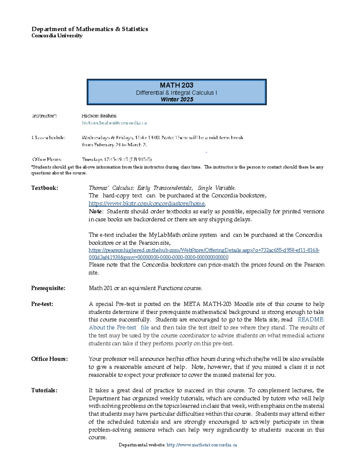 MATH 203 Winter 2025 Course Outline: Differential & Integral Calculus I ...