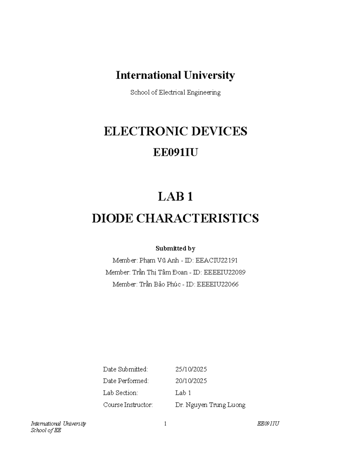 Lab Report 1: Diode Characteristics - EE091IU - Studocu