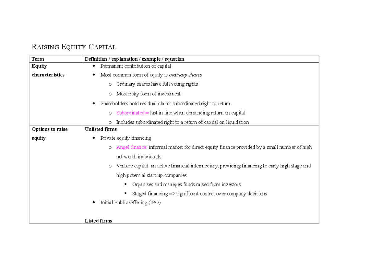 Corporate Financial Decision Making notes - RAISING EQUITY CAPITAL Term ...