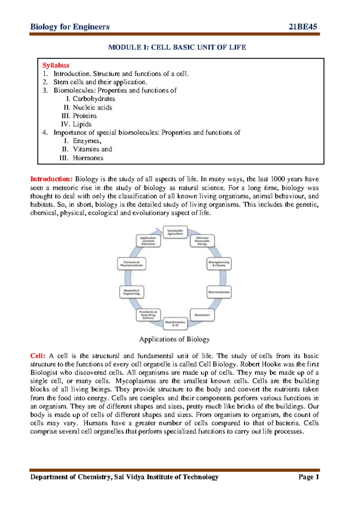 Module 1: Understanding Cells and Biomolecules in Biology - Studocu