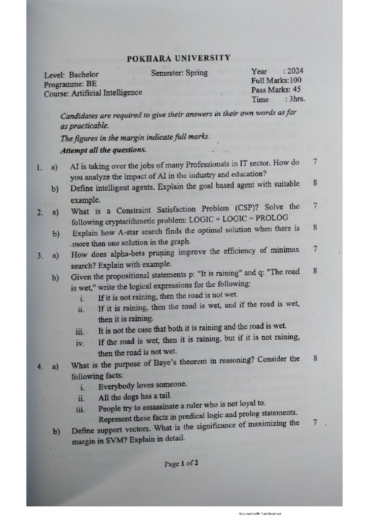 AI Past Questions for BE - Spring 2024 Exam (Pokhara University) - Studocu