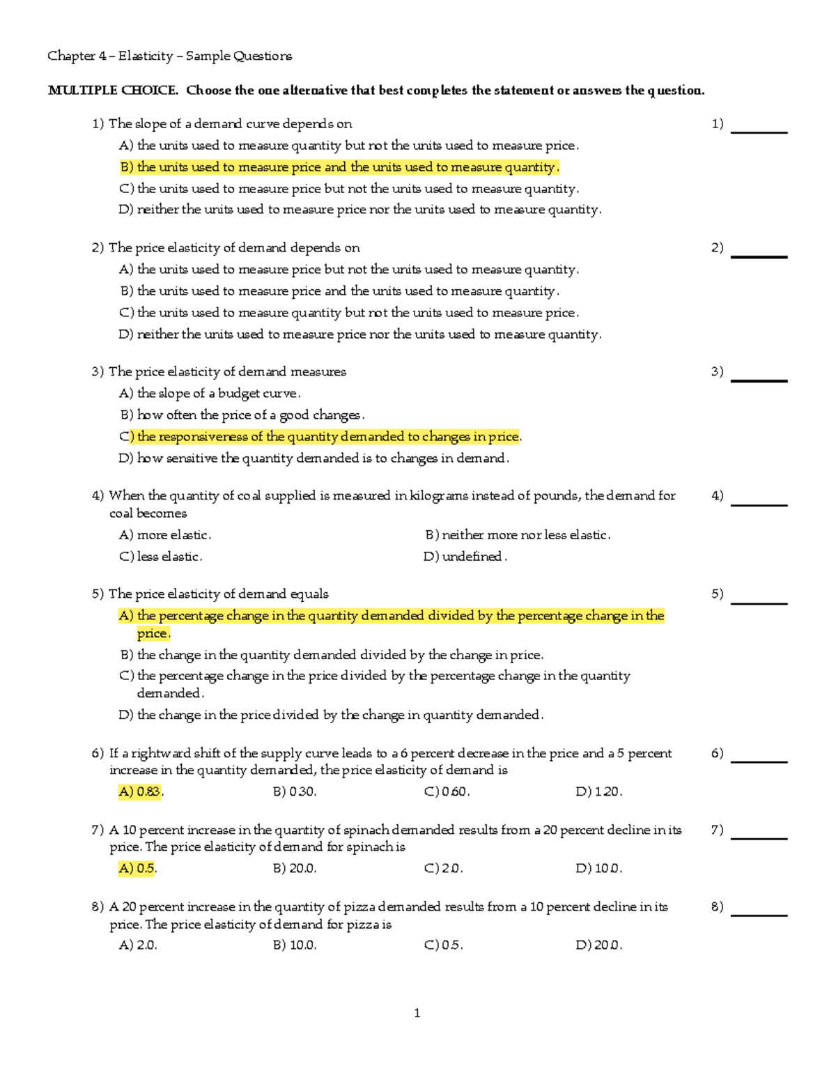 Chapter 4 Economic Questions - Chapter 4 - Elasticity - Sample ...