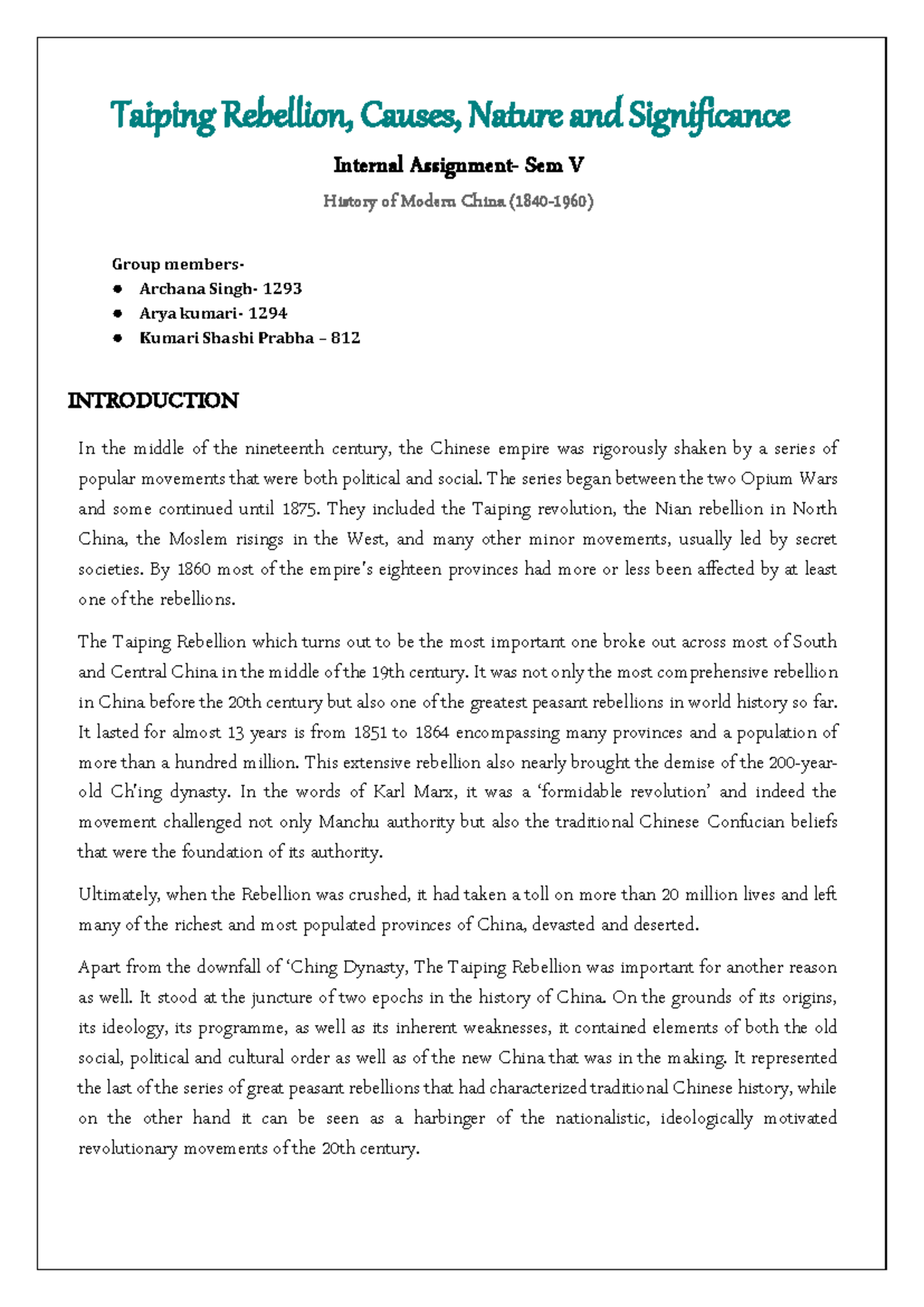 Taiping Rebellion Internal Assignment: Nature and historiography ...