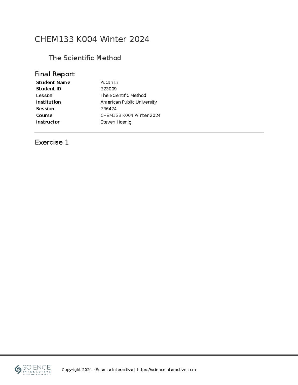 CHEM133 K004 Winter 2024 Final Report on The Scientific Method - Studocu