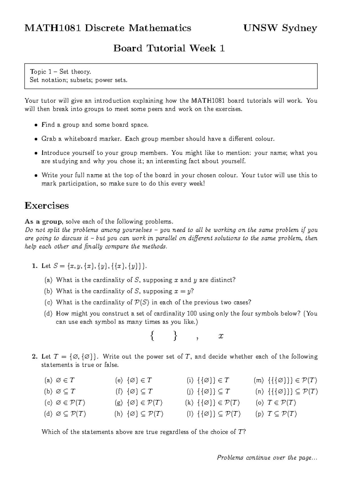 MATH1081 board tutorial Week 1 - Short Answers - MATH1081 Discrete ...