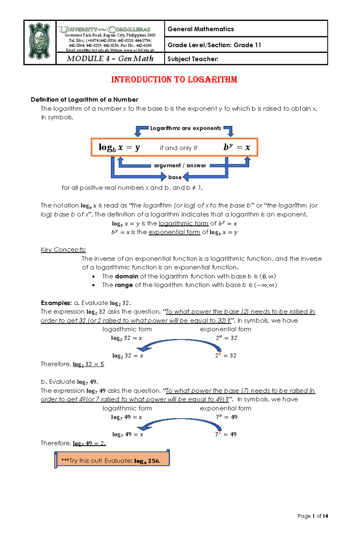 General Mathematics Grade 11: Module 4 - Expanding & Condensing Logarithms - Studocu