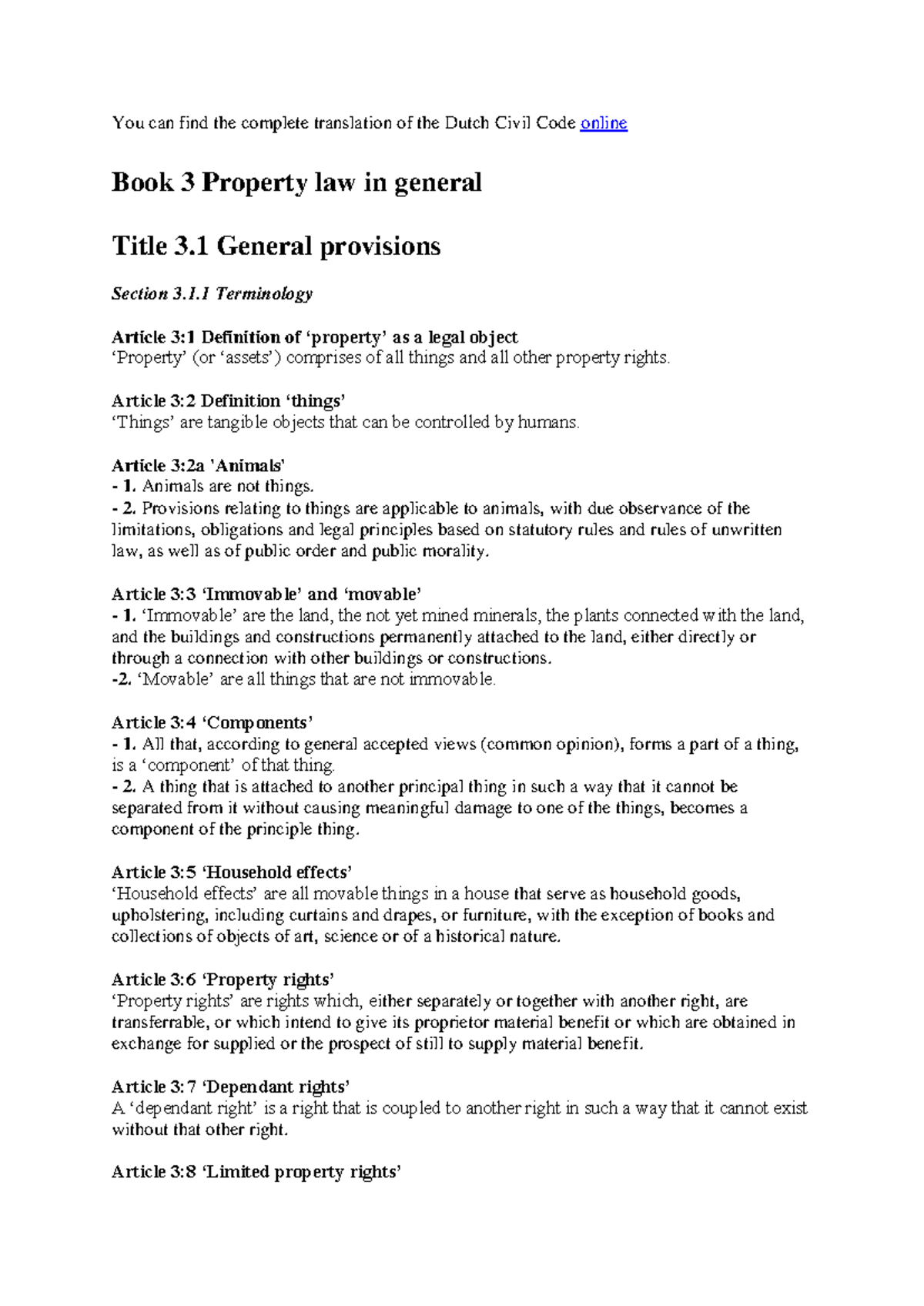 Translation of Dutch Civil Code Book 3: Property Law Overview - Studeersnel