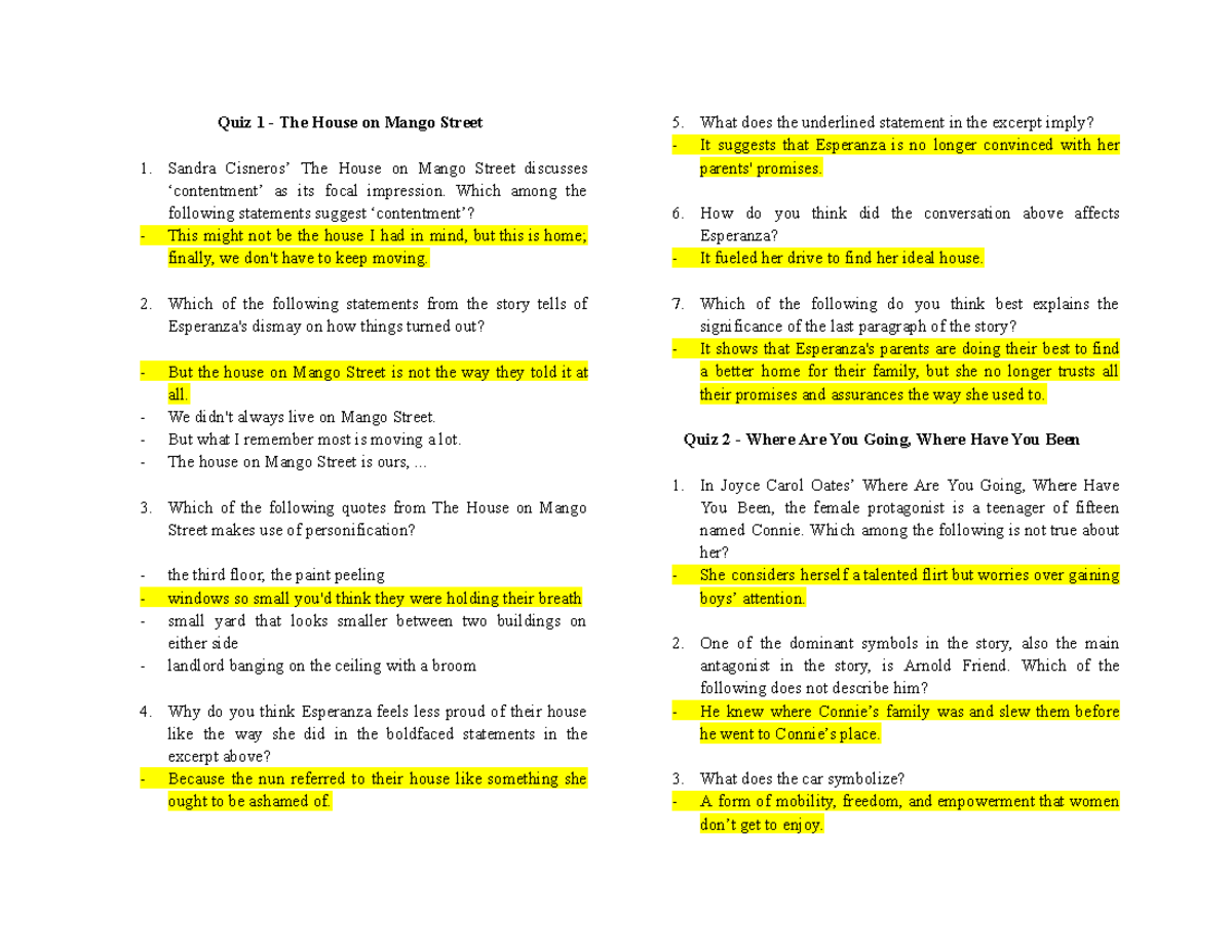 Quiz 1-4 Study Guide: The House on Mango Street & More (EM7-Q) - Studocu