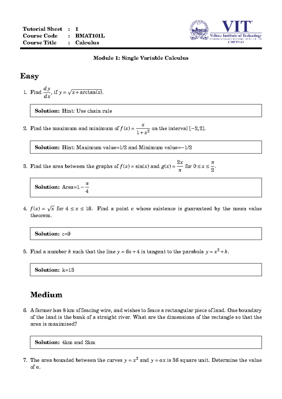 BMAT101L Calculus Tutorial Sheet 1: Single Variable Calculus Solutions ...