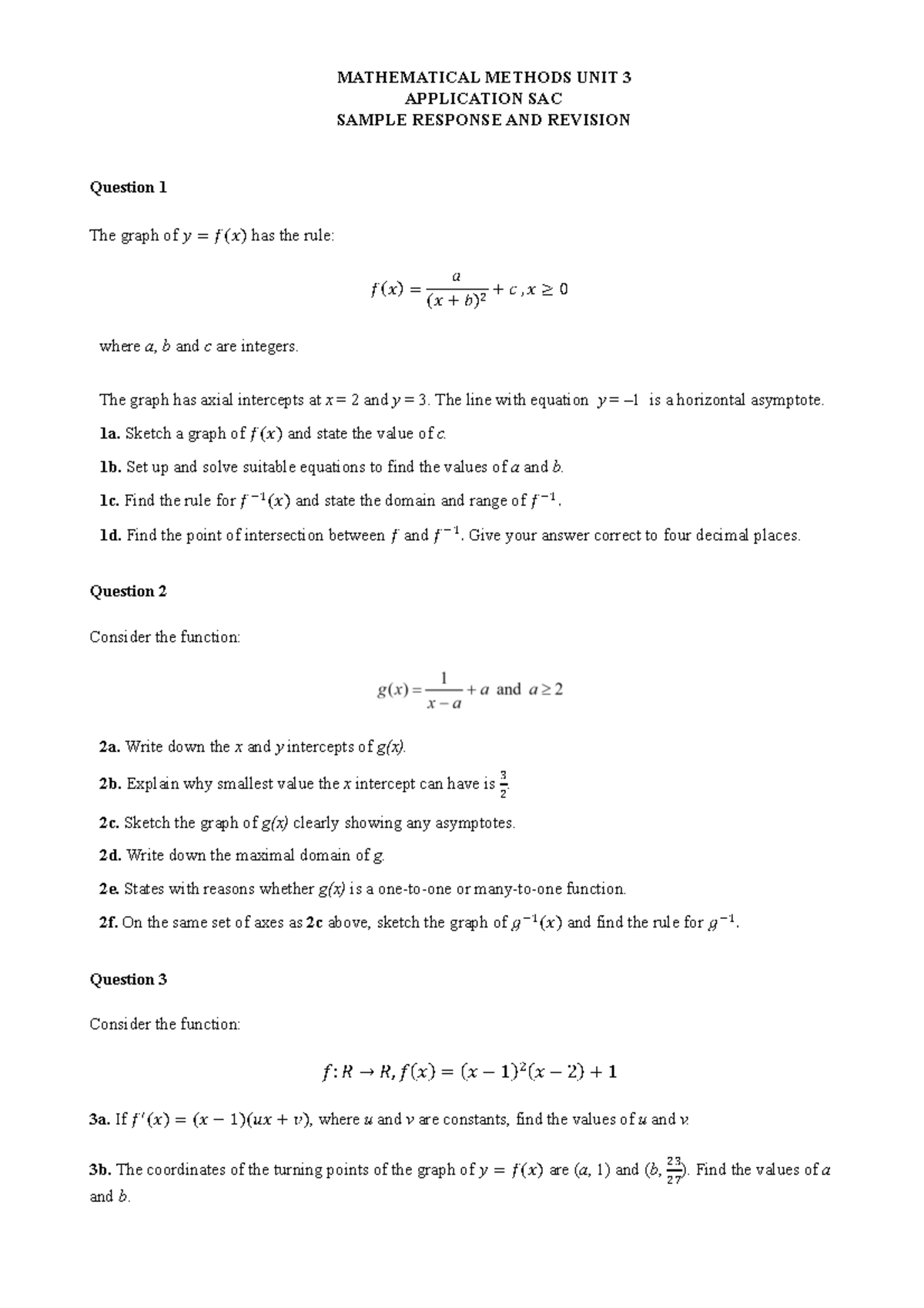 Mathematical Methods Unit 3 SAC 1 Revision 2024: Sample Responses - Studocu
