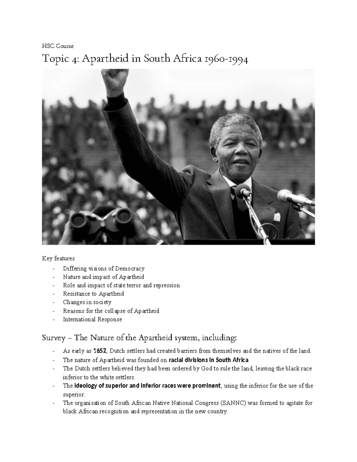 HSC Course Topic 4: Apartheid in South Africa (1960-1994) Overview ...