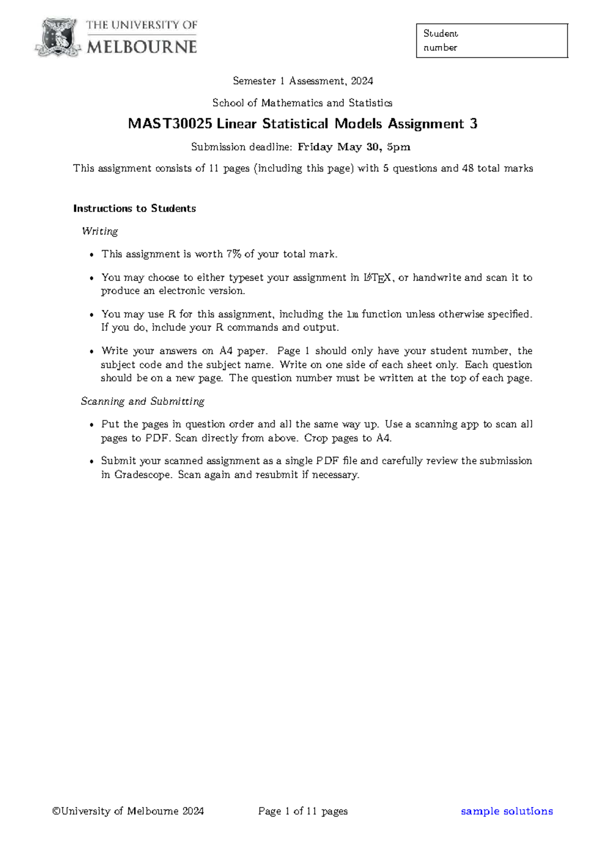 MAST30025 Linear Statistical Models Assignment 3 Solutions, 2024 - Studocu