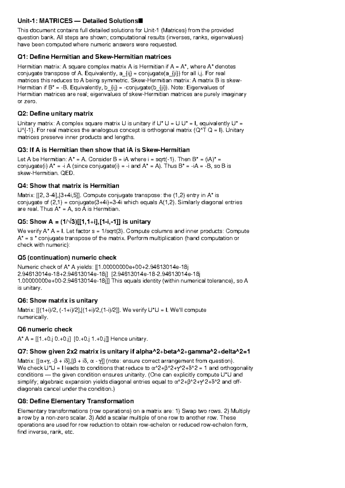 MATRICES Detailed Solutions for Unit 1 (MATH101) - Studocu