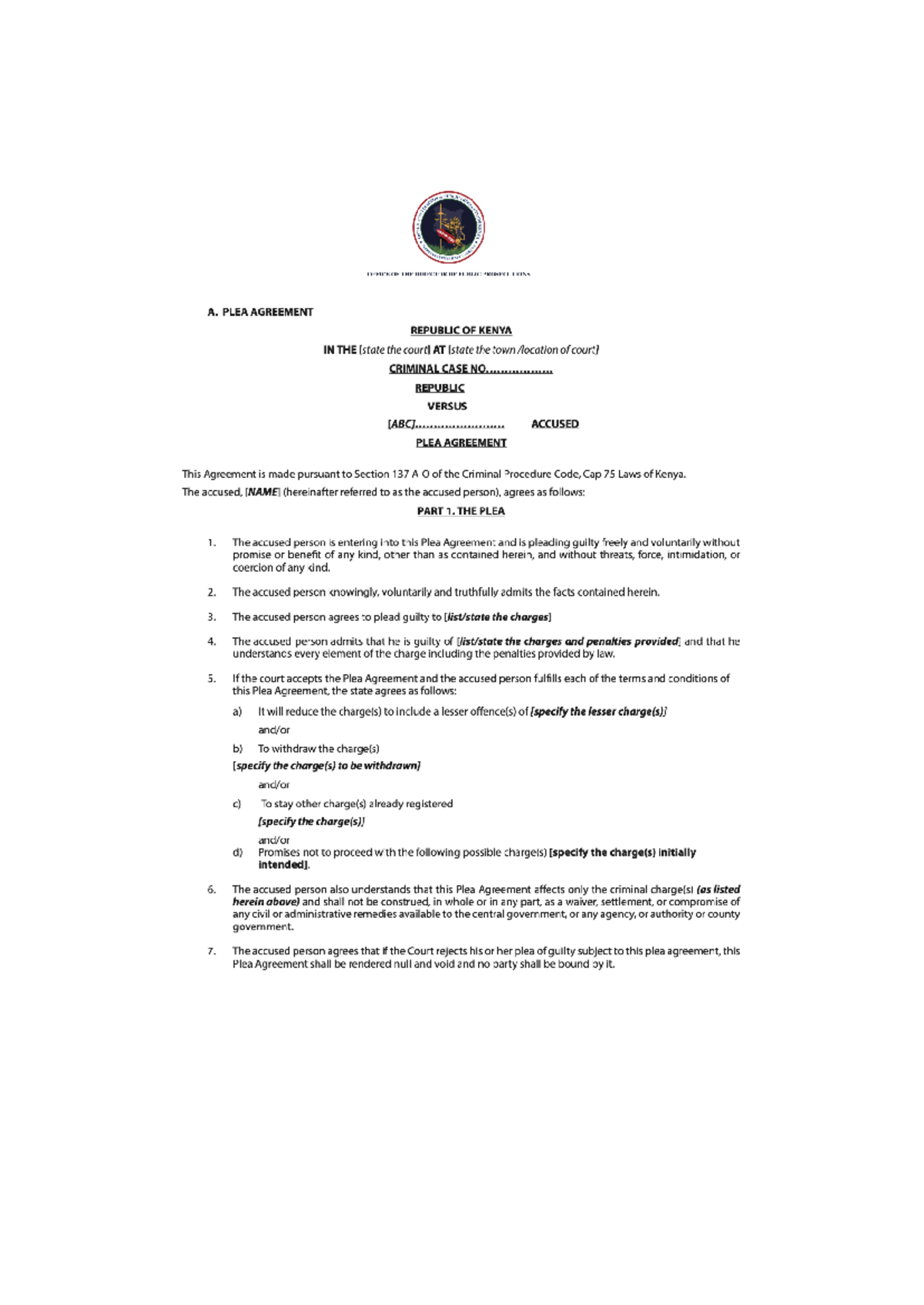Plea Agreement Template - Criminal Case No. [Insert Case Number] - Studocu