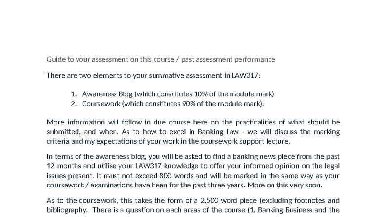 LAW317: Banking Guide for Assessment Performance and Expectations - Studocu
