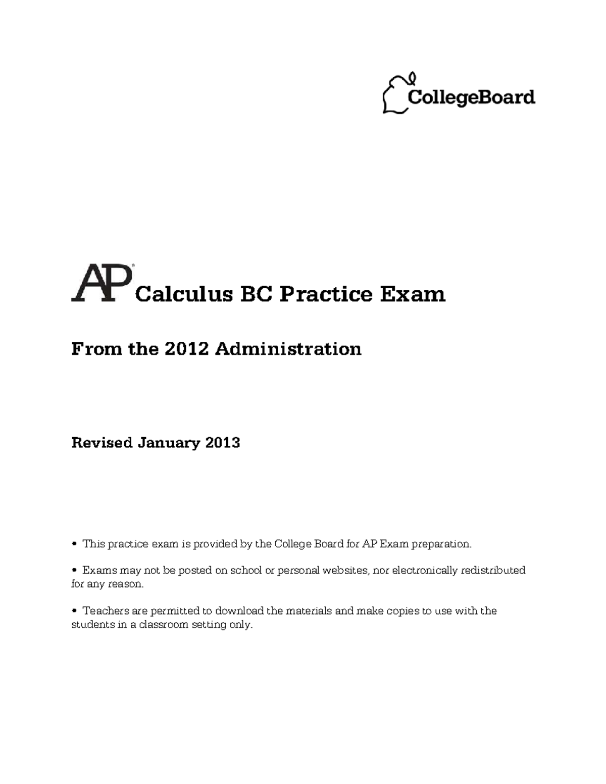 2012 AP Calculus BC Practice Exam: Comprehensive Review Guide - Studocu