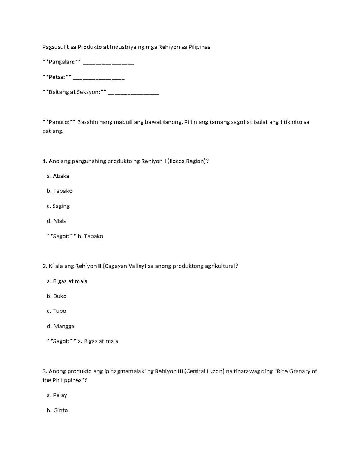 Pagsusulit may sagot - NONE - Pagsusulit sa Produkto at Industriya ng ...