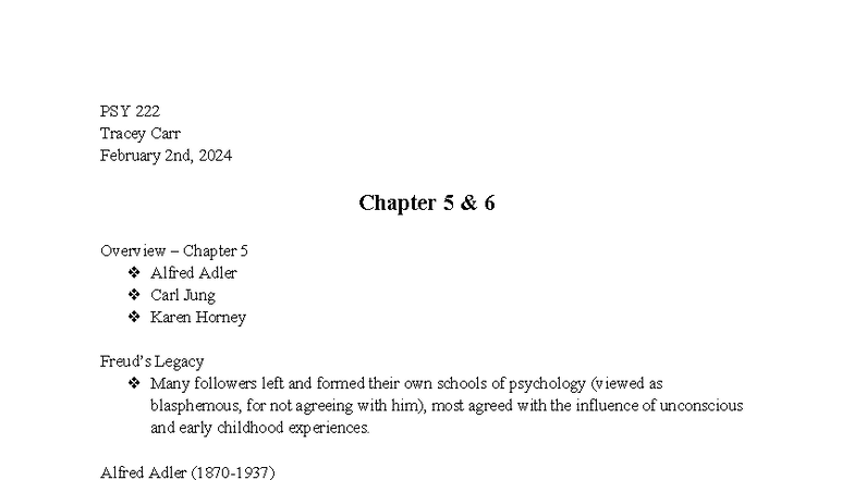 PSY 222 After Freud: Overview of Adler, Jung, and Horney - Studocu
