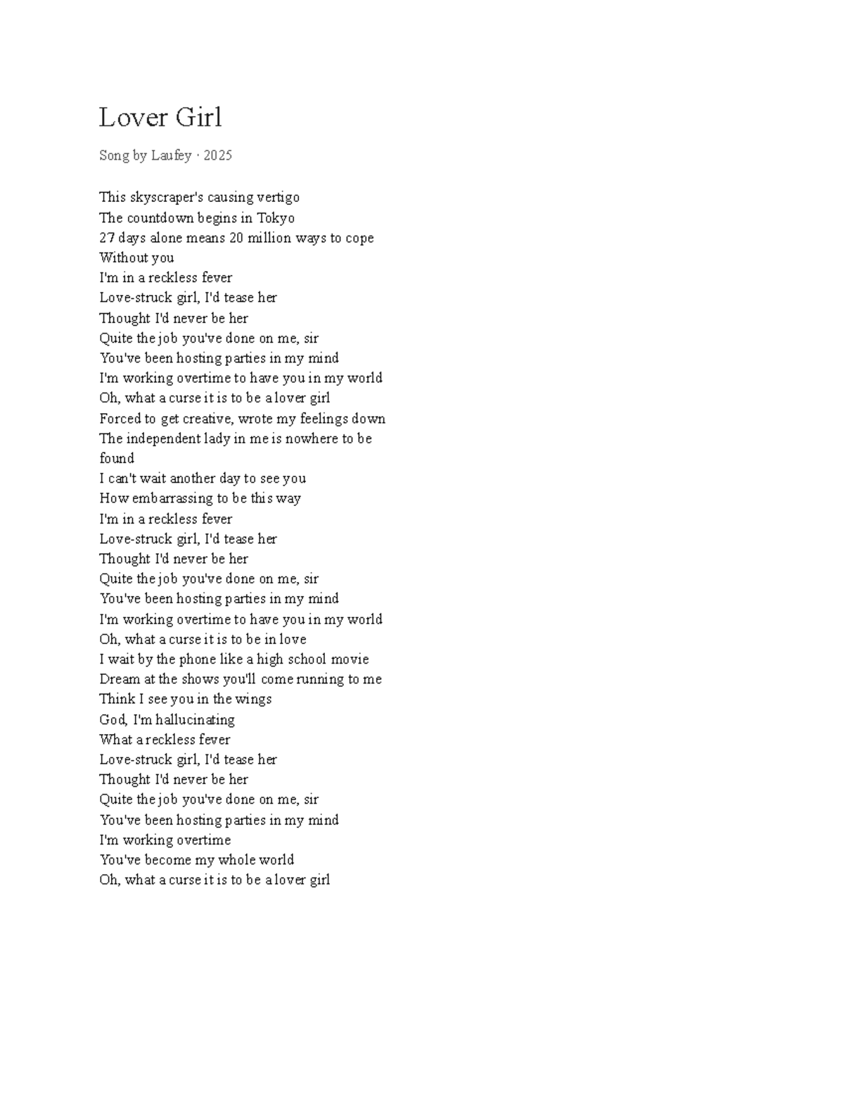 Lover Girl Lyrics Analysis - Laufey 2025 - Studocu