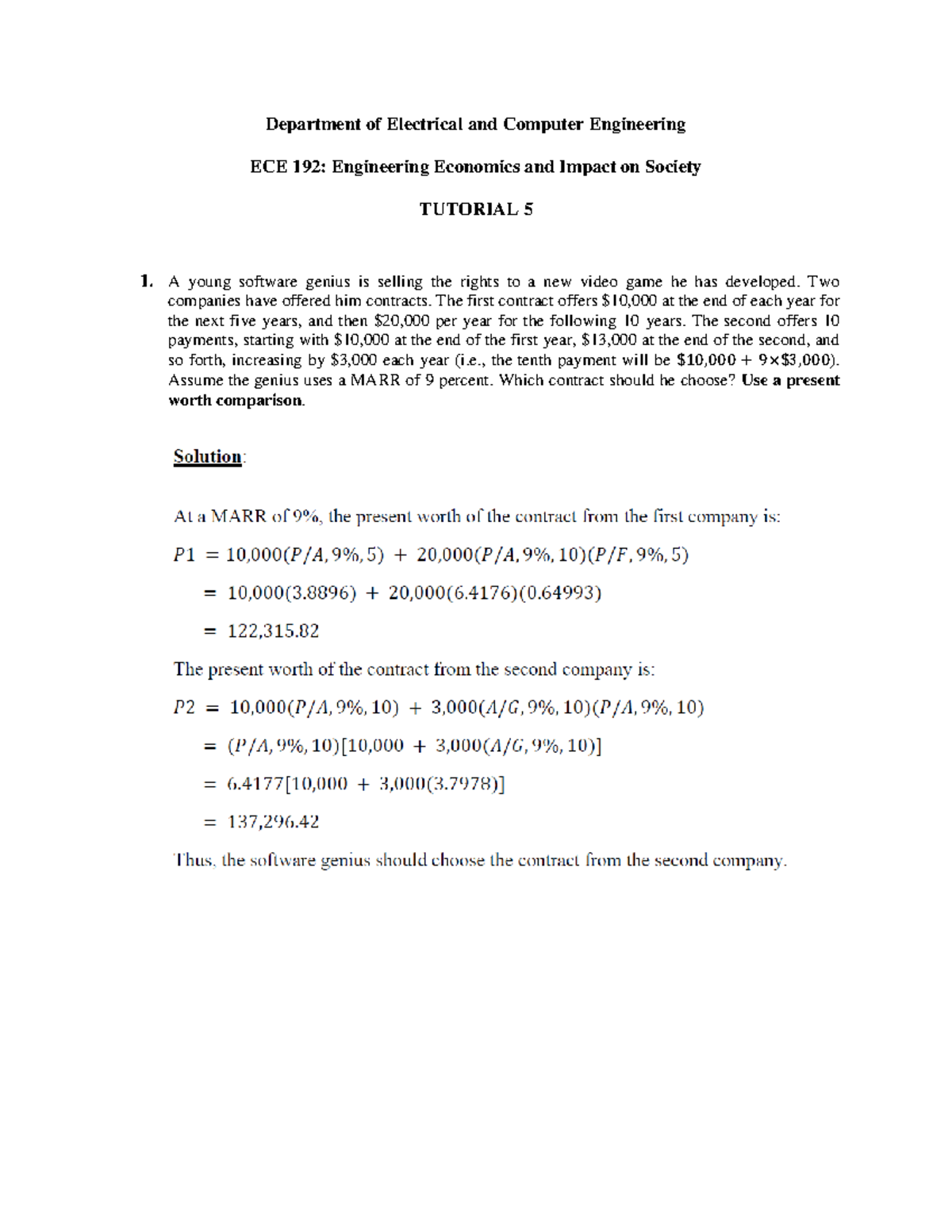 ECE 192 Tutorial 5 - Solutions for Engineering Economics Problems - Studocu