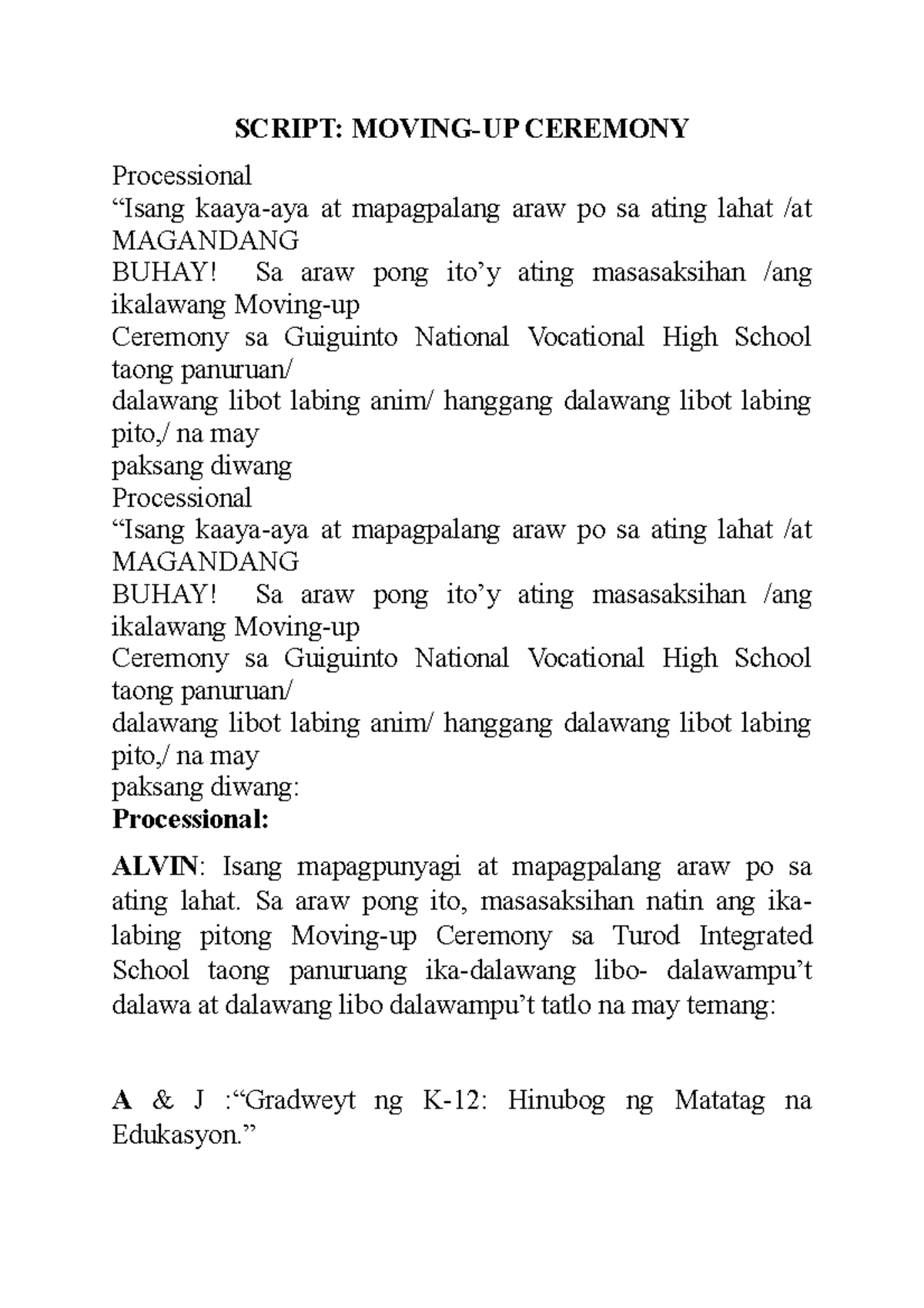 Moving-Up Ceremony Script for GNVHS (SY 2016-2017) - Studocu