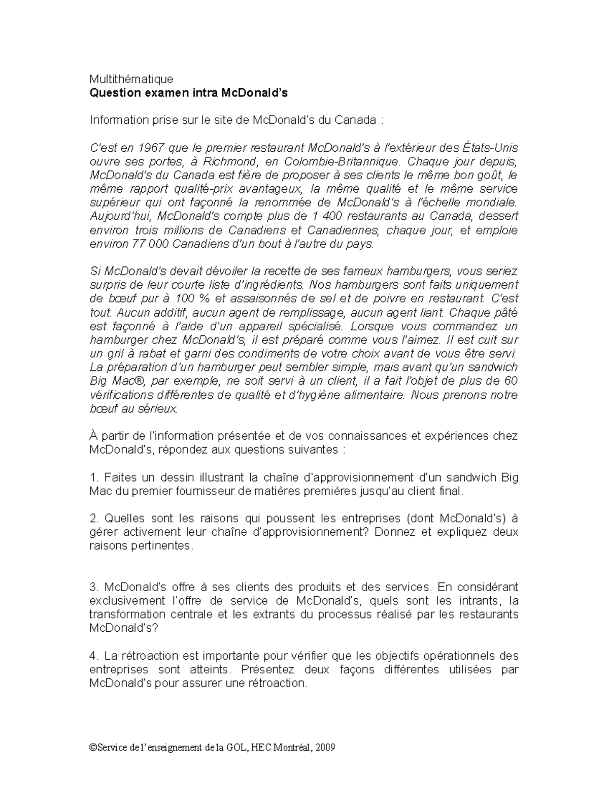 XI - Multithématique intra Mc Donalds - Multithématique Question examen ...
