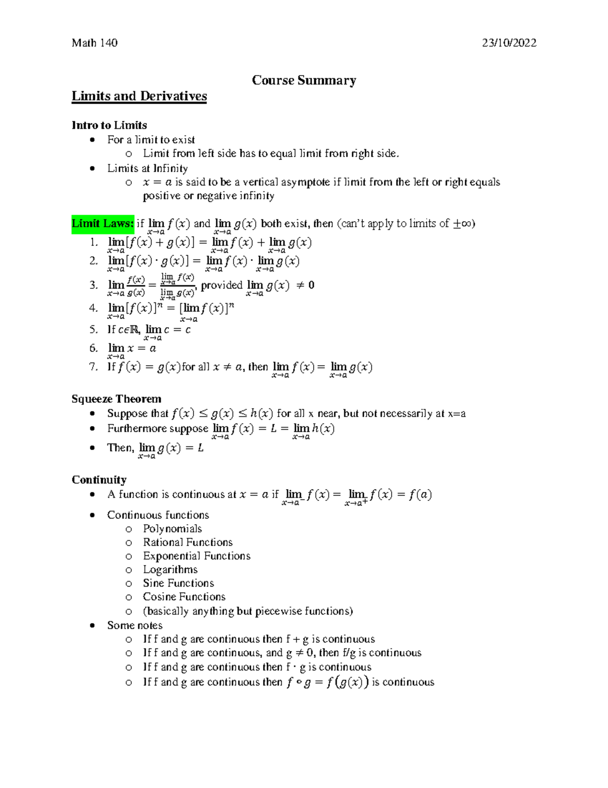 Math 140 Final Exam Study Guide: Limits, Derivatives, and More - Studocu