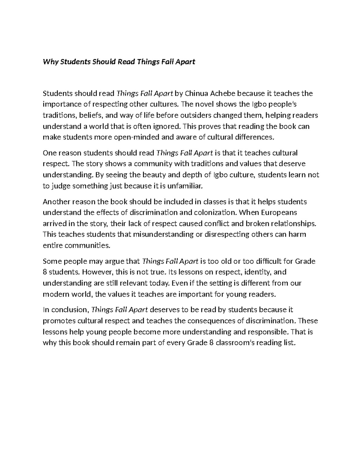 Persuasive Essay: The Importance of Reading Things Fall Apart for Grade ...