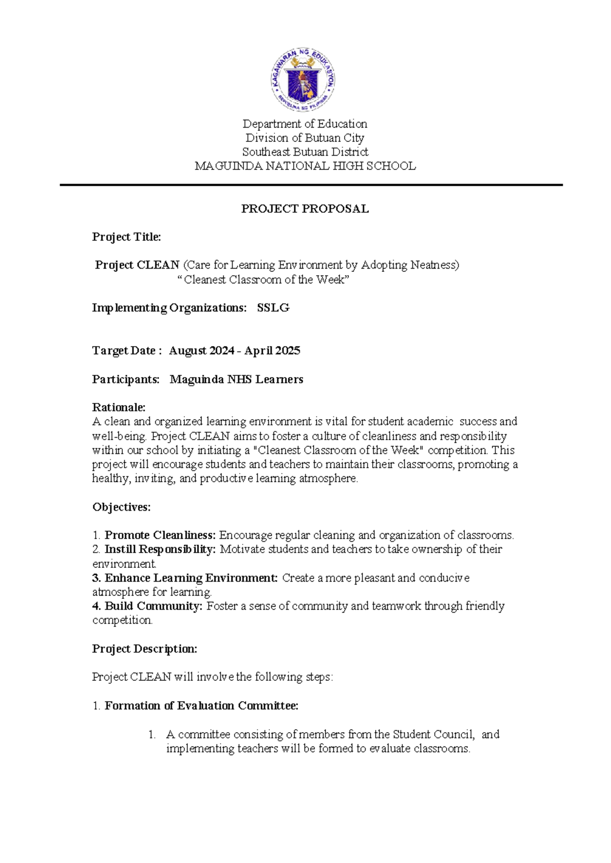 Project Proposal: CLEAN - Cleanest Classroom of the Week Initiative ...