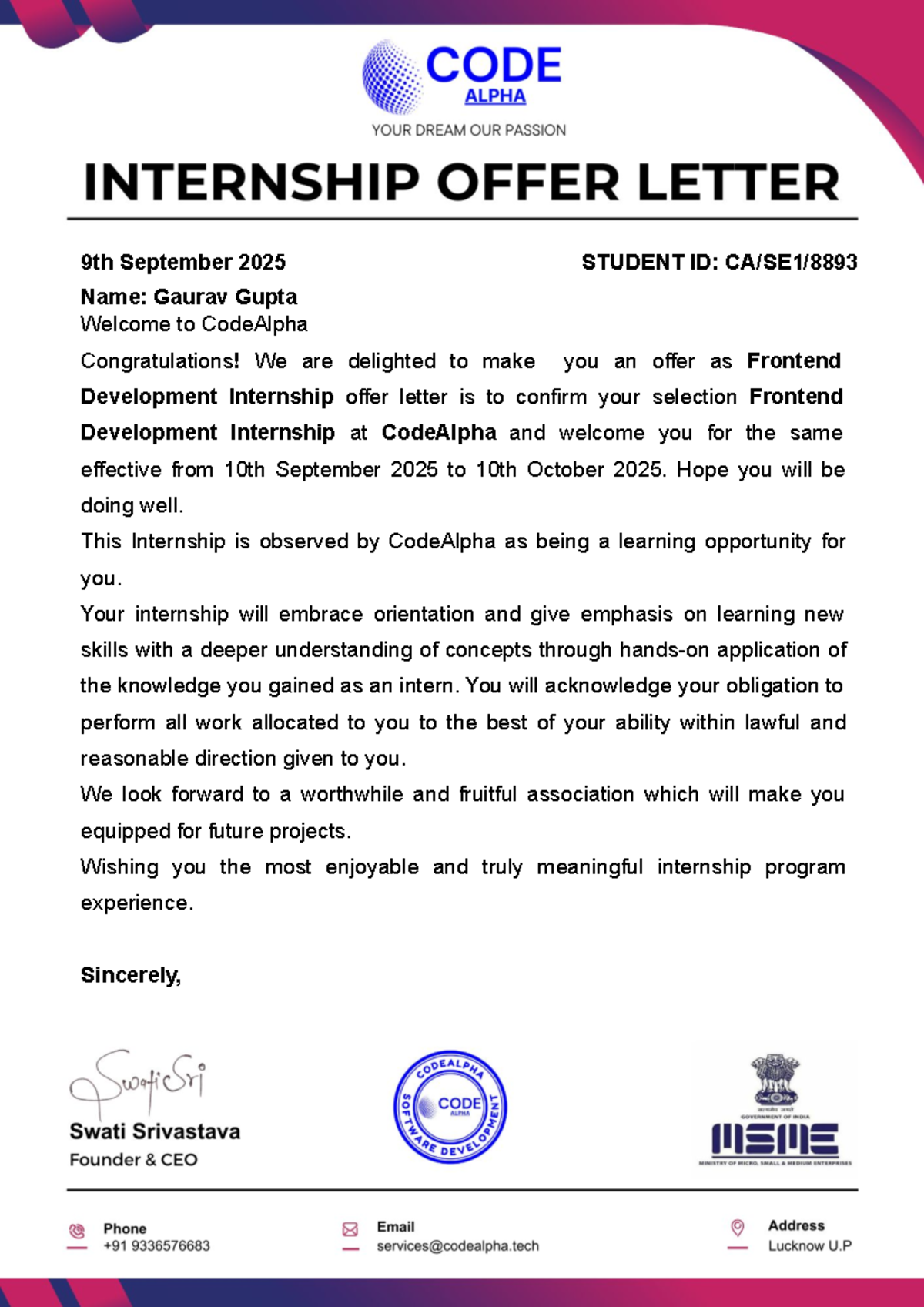 Frontend Development Internship Offer Letter - Gaurav Gupta - Studocu