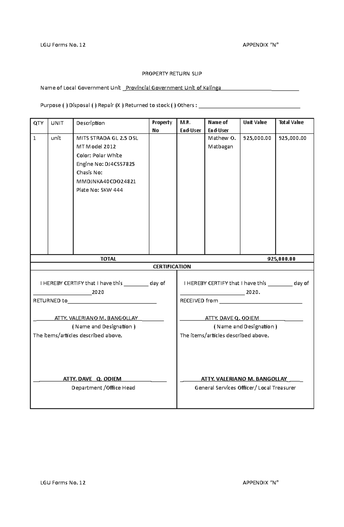 Property Return Slip for LGU Forms No. 12 - Kalinga Unit - Studocu