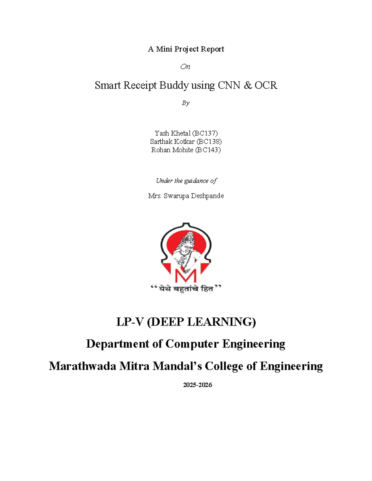DL Mini Project Report: Smart Receipt Buddy Using CNN OCR (BC137, BC138 ...