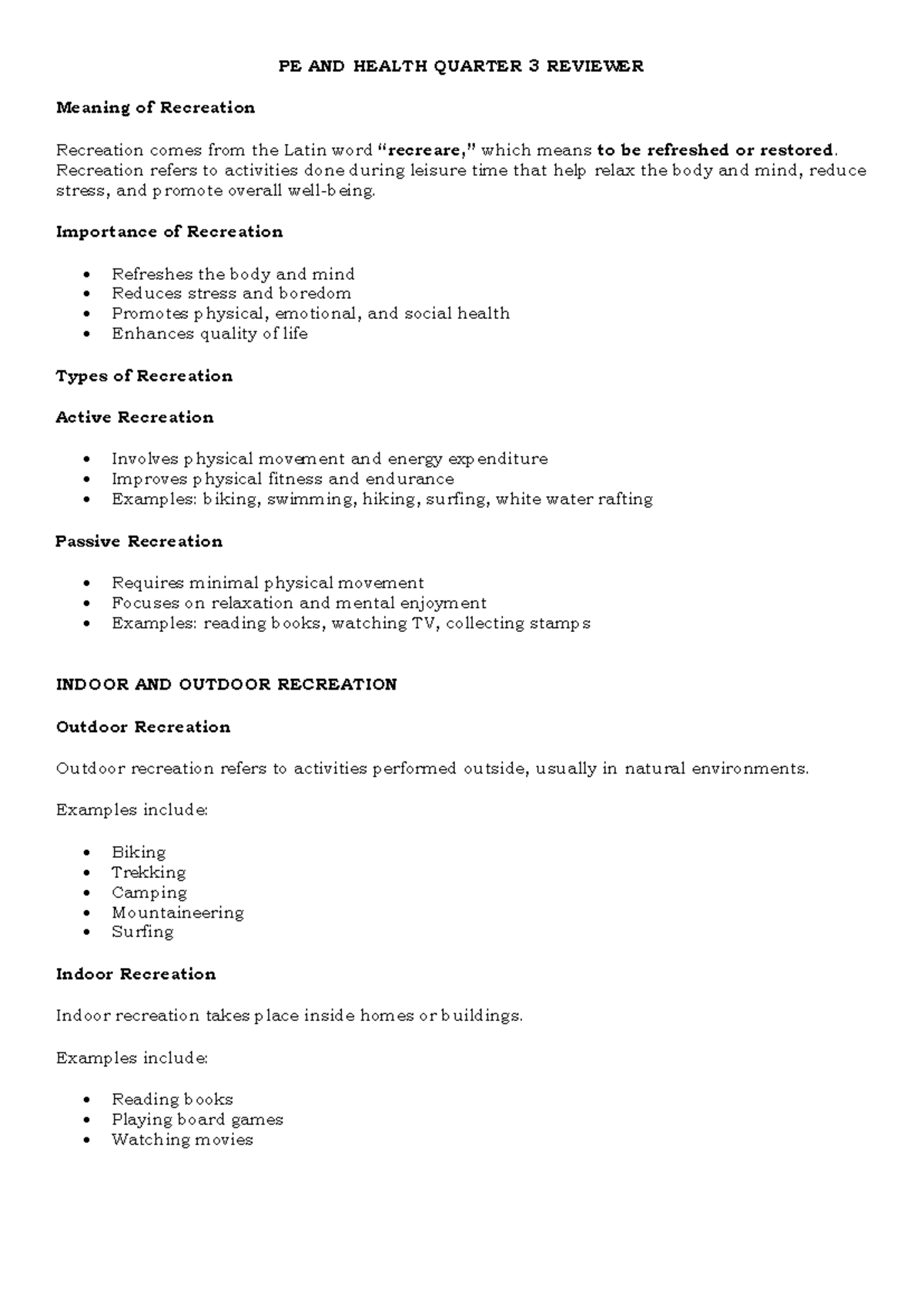 PE & Health Q3 Reviewer: Importance & Types of Recreation - Studocu