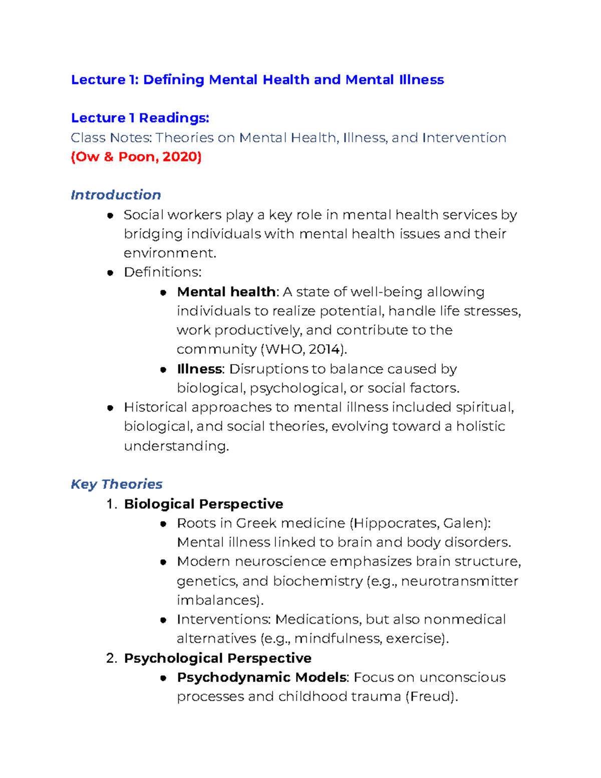 HS 4051G Final Notes: Theories of Mental Health and Illness - Studocu