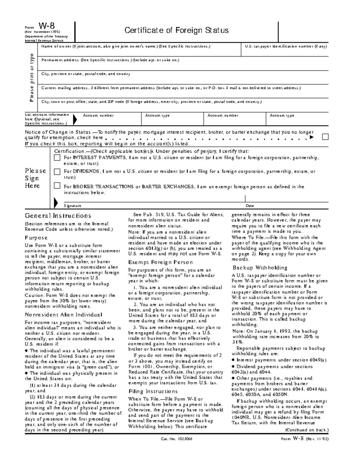 IRS Form W-8: Certificate of Foreign Status Instructions - Studocu