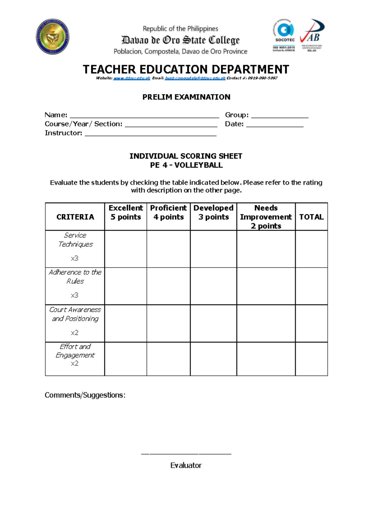 PE 4 - Volleyball Prelim Exam Individual Performance Scoring Sheet ...