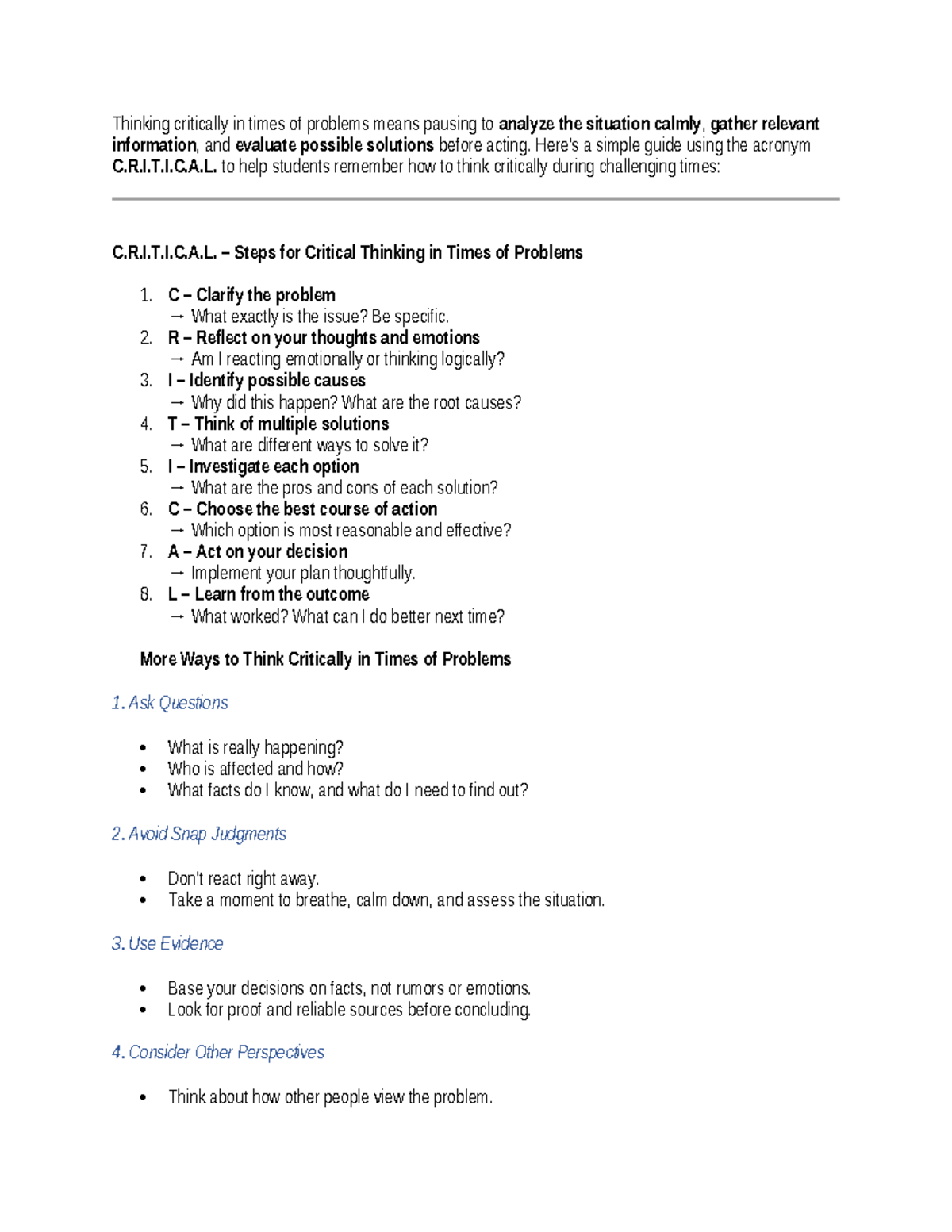 C.R.I.T.I.C.A.L. Guide: Steps for Effective Critical Thinking - Studocu