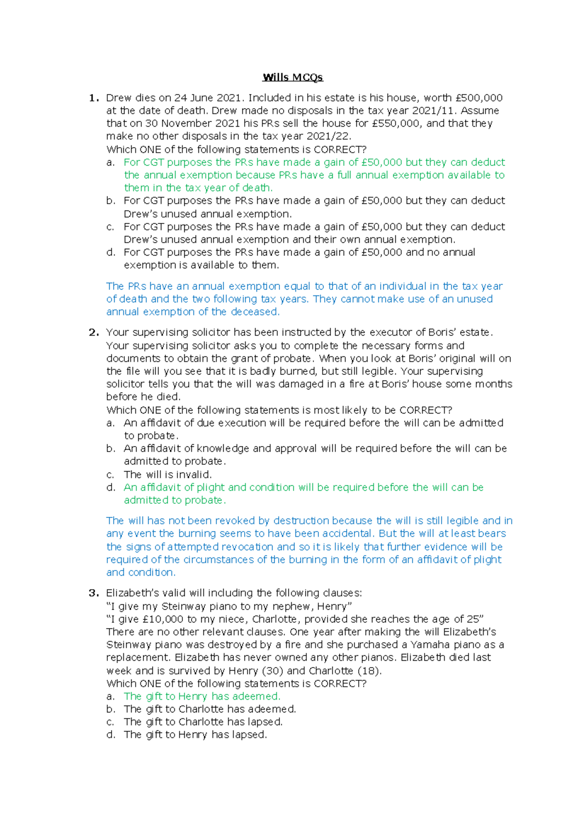 Wills MCQs - Comprehensive Multiple Choice Questions with Answers - Studocu