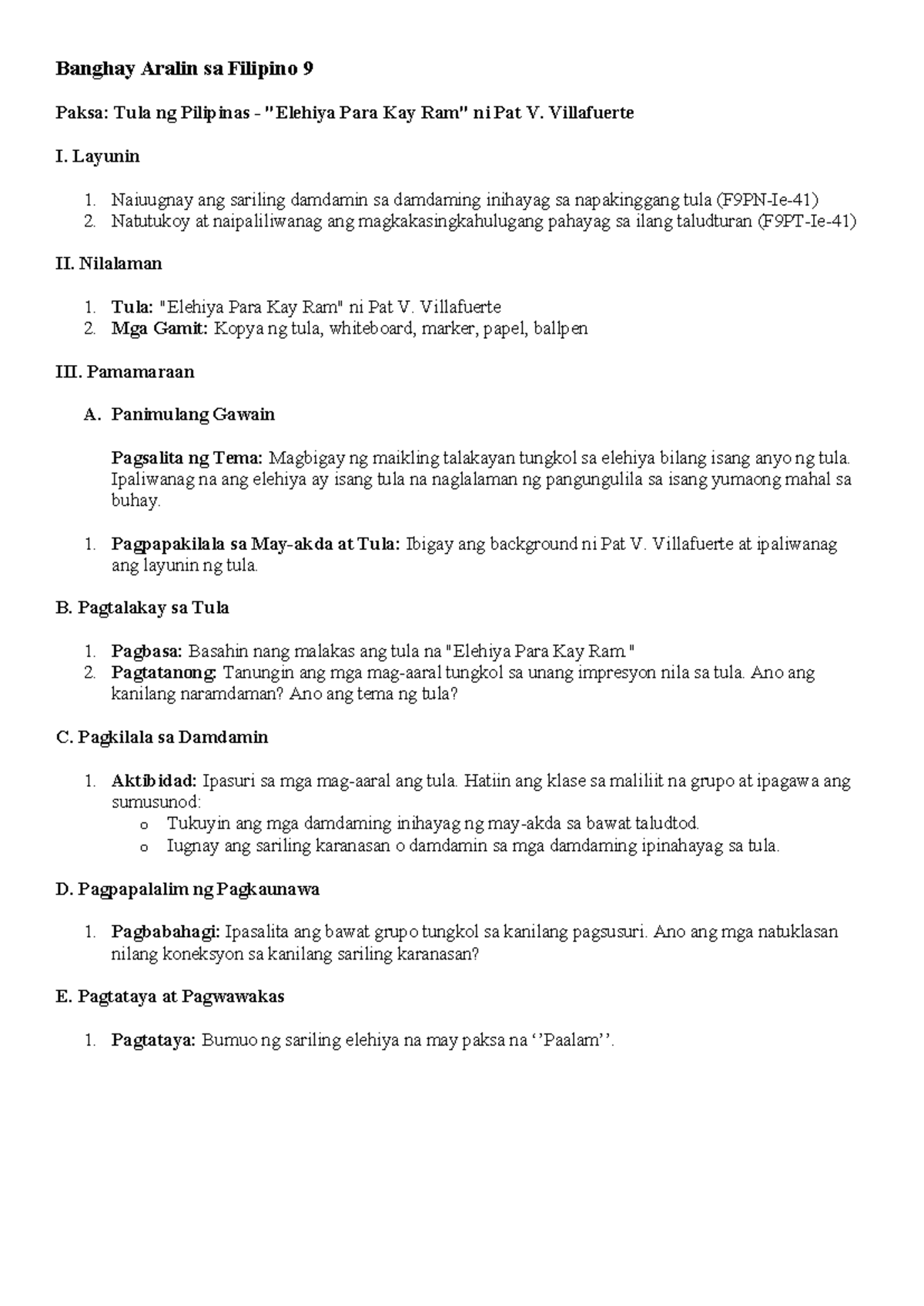 F9 Tula Elehiya - Lesson Plan para sa "Elehiya Para Kay Ram" - Studocu