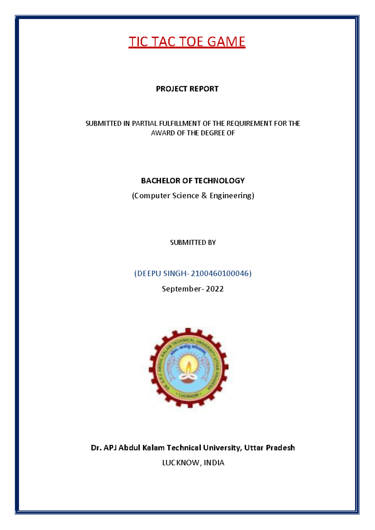 TIC 202 - TIC TAC TOE Game Project Report and Implementation Summary ...