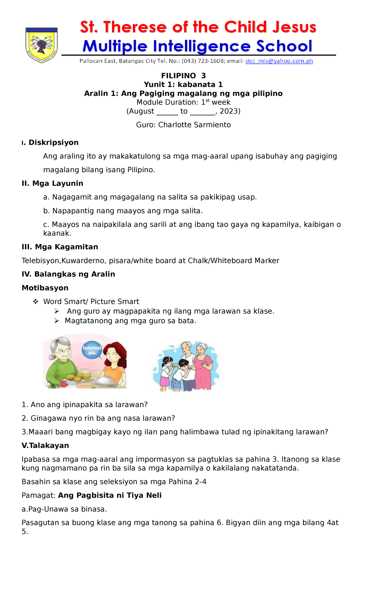 1st week Filipino 3 - Lesson plan - FILIPINO 3 Yunit 1: kabanata 1 ...