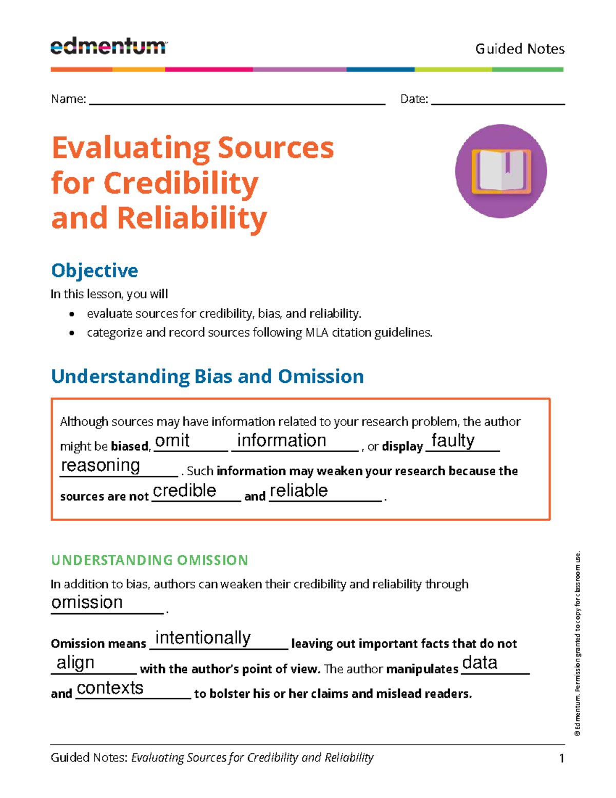 Guided notes: Evaluating sources for credibility and reliability ...