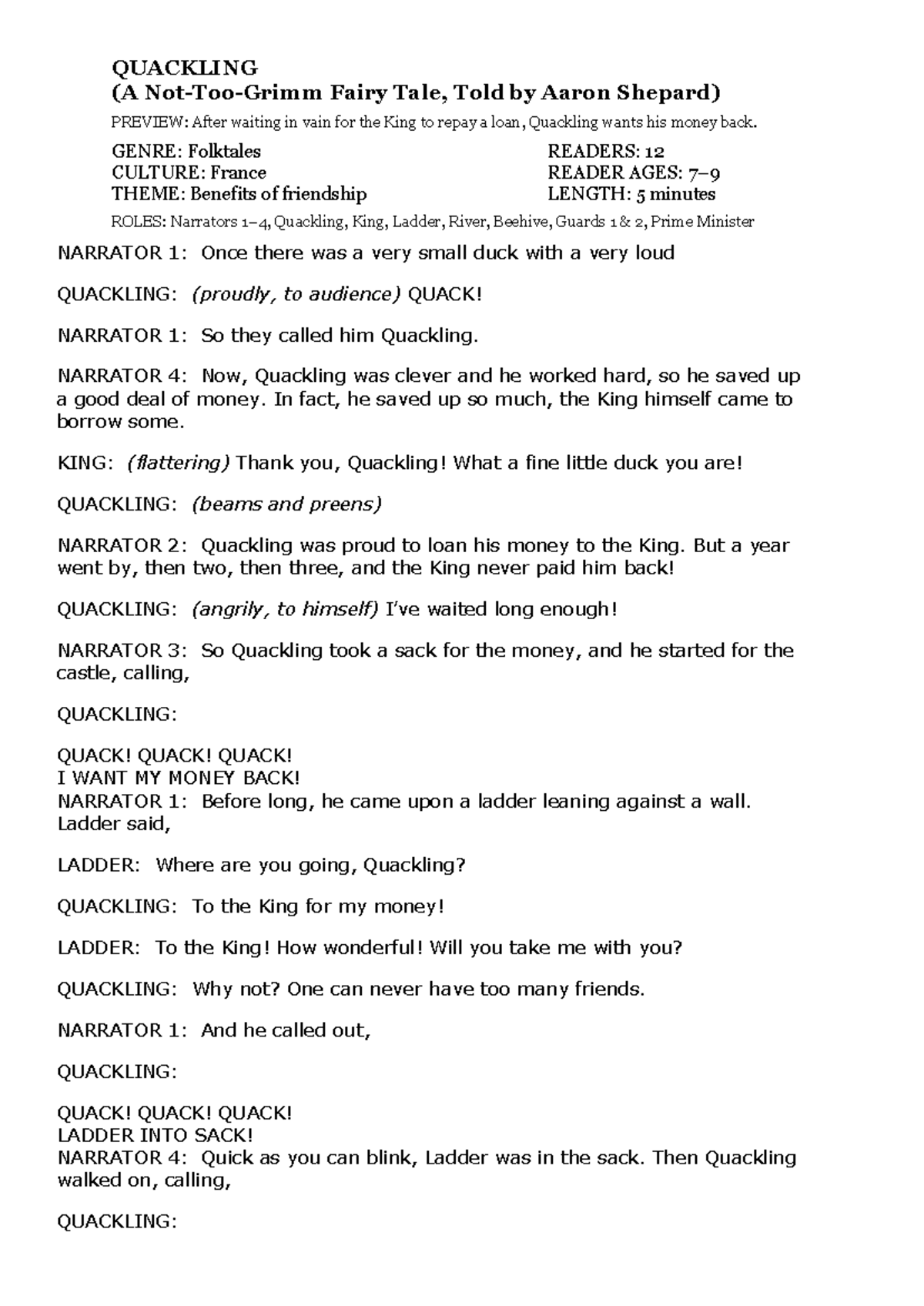 Readers Theater: Quackling Script for Ages 7-12 - Studocu