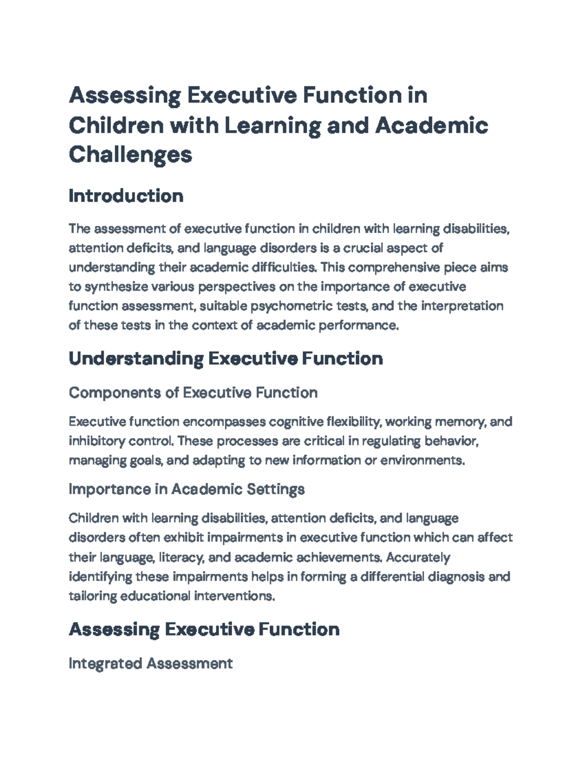 Assessing Executive Function in Children with Learning Challenges: Key ...