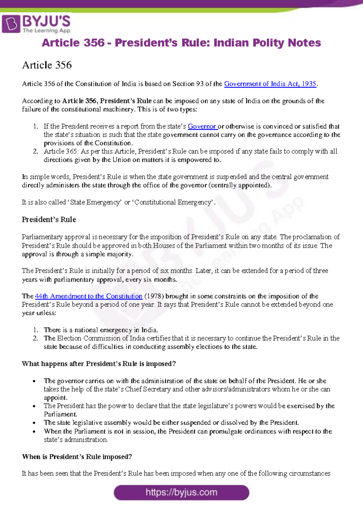 Article 356: Indian Polity Notes on Constitutional Provisions - Studocu