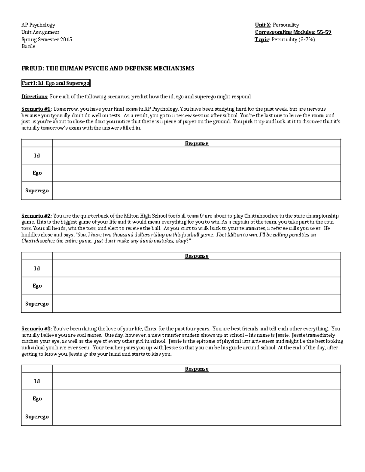 AP Psychology Unit X: Personality Defense Mechanisms Assignment - Studocu