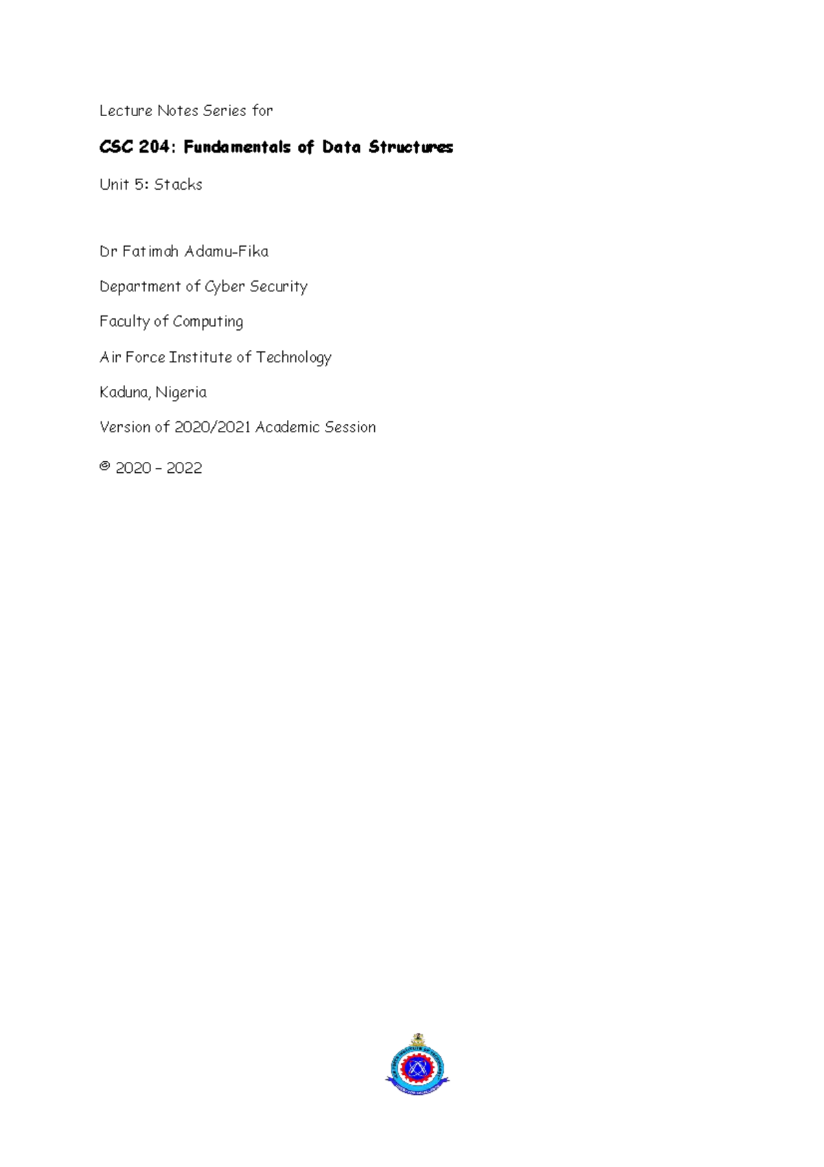 Lecture Notes for CSC 204: Data Structures Unit 5 - Stacks - Studocu